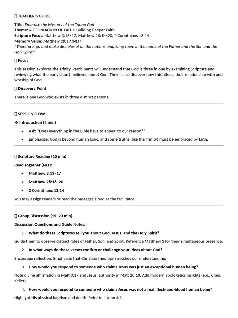 1 A Foundation of Faith - Week 5 - Embrace The Mystery of The Triune God | PDF | Trinity | God ...