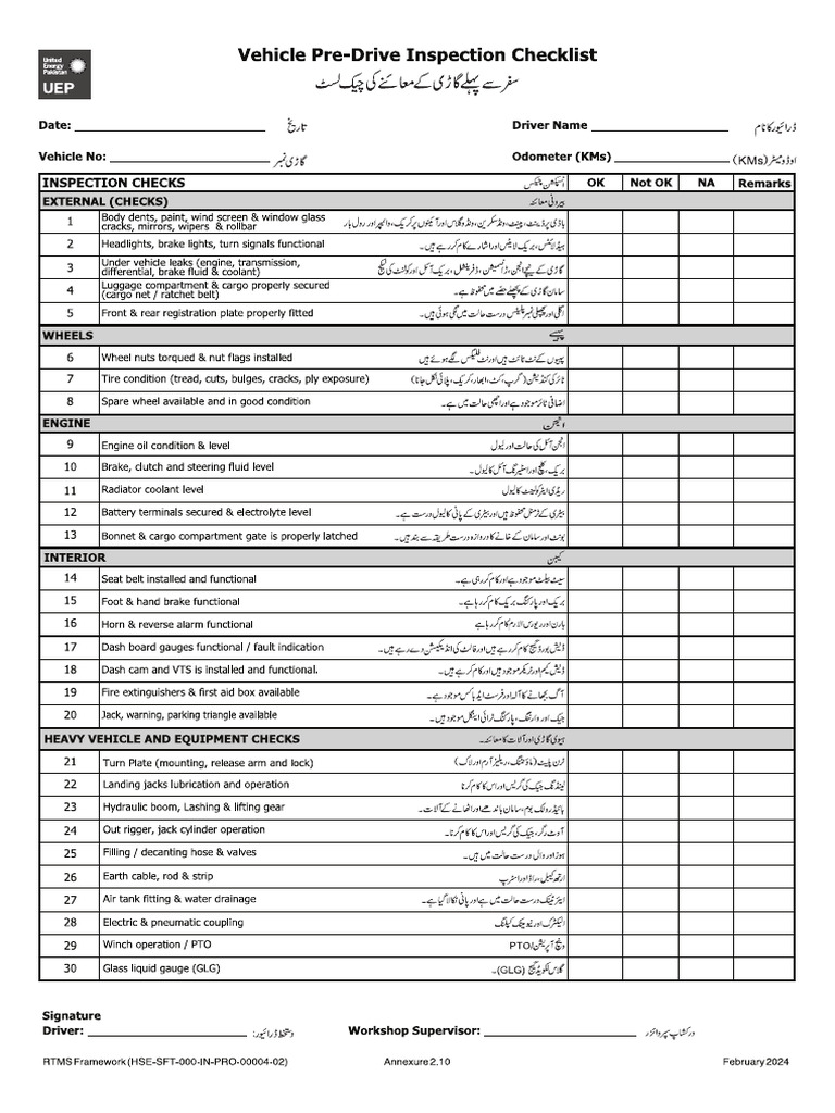 Pre-Drive Vehicle Inspection Checklist (LV, HV) - Revised | PDF