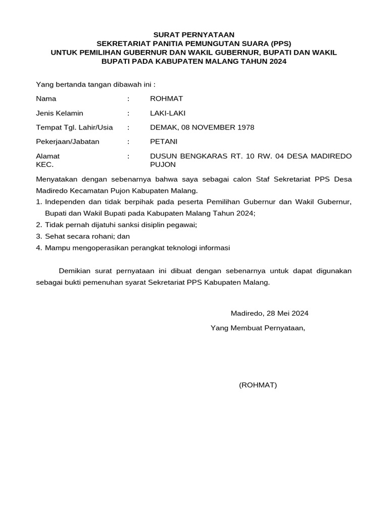 Surat Pernyataan Calon Staf PPS Malang | PDF