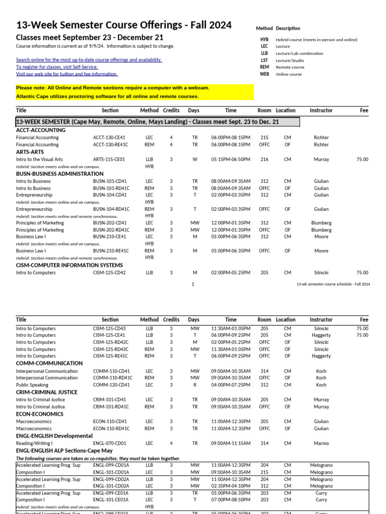 Fall 2024 13-Week Course Schedule | PDF | Mathematics