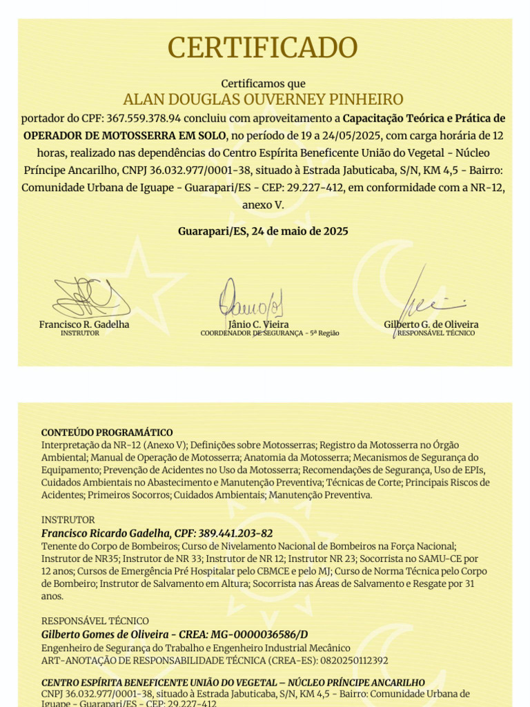 Certificado Motosserra Alan Douglas | PDF