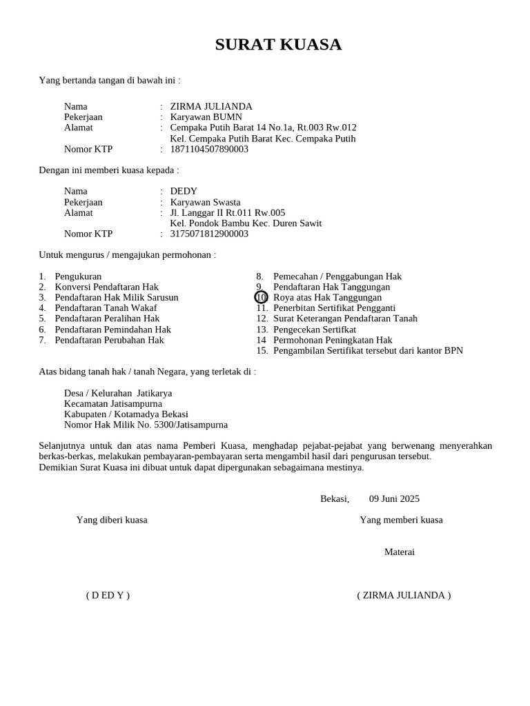 Contoh Surat Kuasa Perwakilan Tanah | PDF