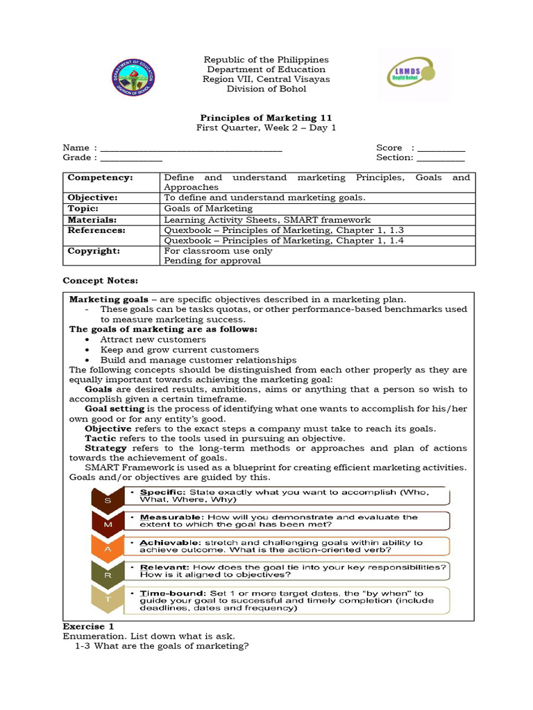 Principles of Marketing11 - Q1 - LAS - Wk2 | PDF | Marketing | Goal