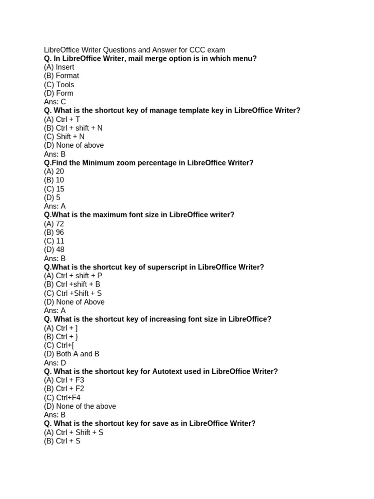 LibreOffice Writer Questions and Answer For CCC Exam | PDF