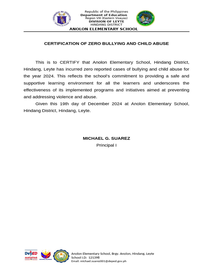 Certification of Zero Bullying | PDF