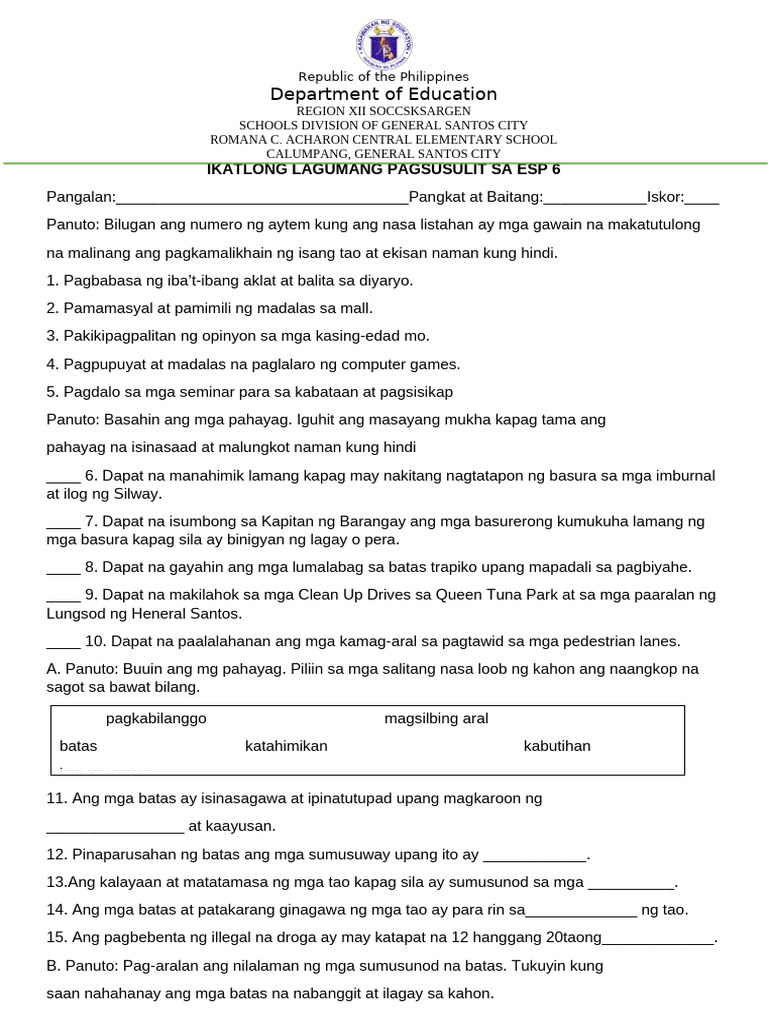 Esp 6 Summative Test 3 4th | PDF