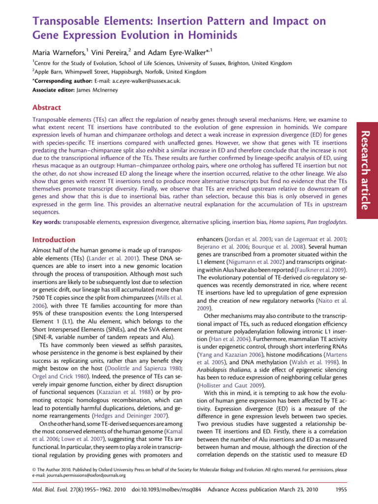 Warnefors MBE10 | PDF | Transposable Element | Genome