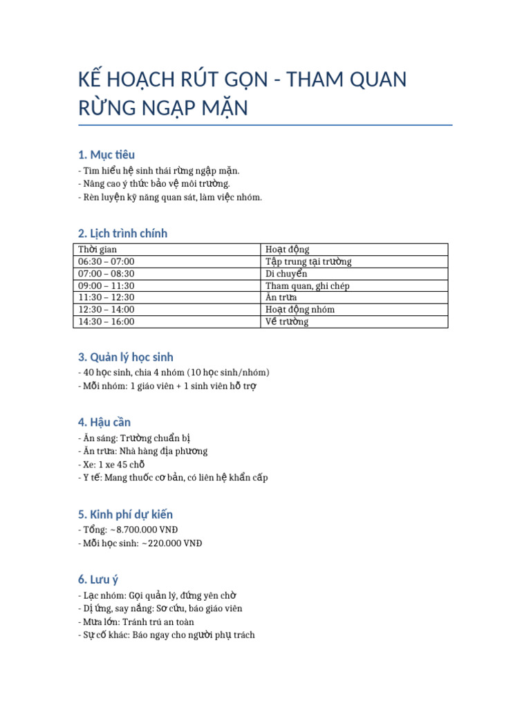 Ke Hoach Tham Quan Rung Ngap Man Can Gio Rut Gon | PDF