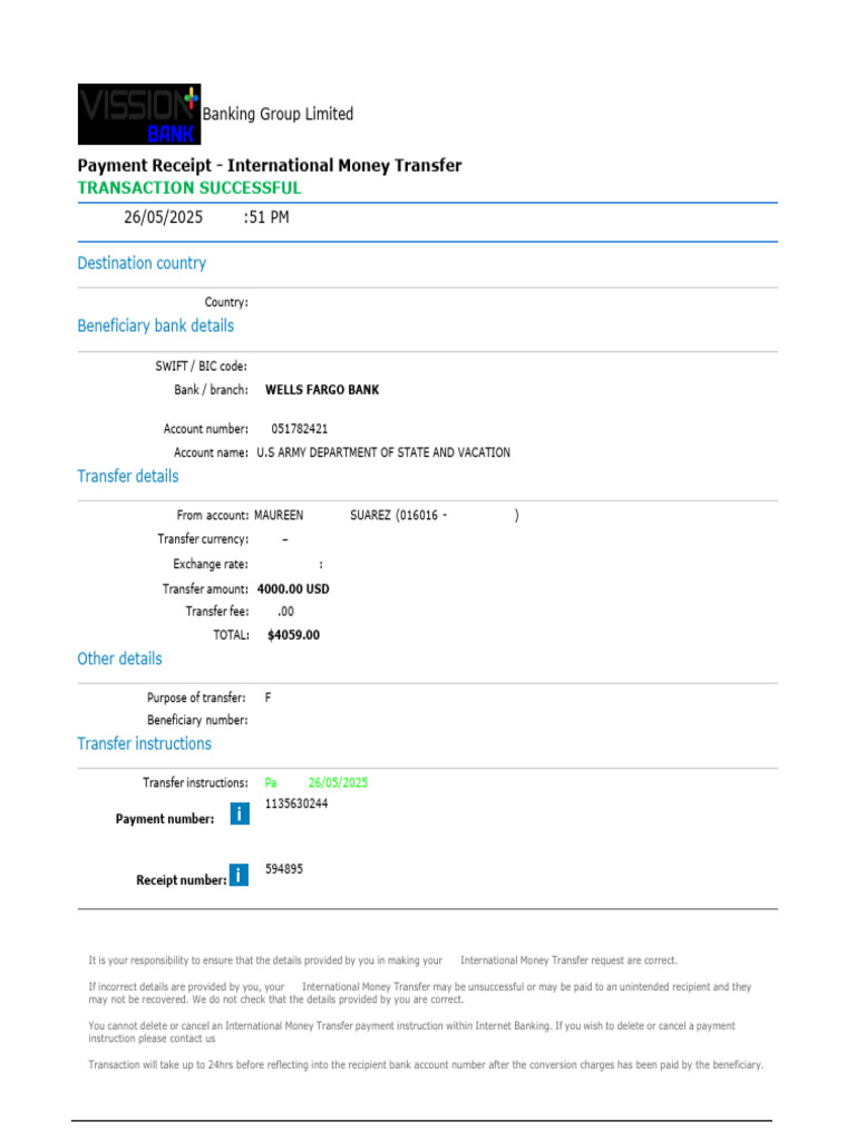 Payment Receipt - International Money Transfer: Transaction Successful ...