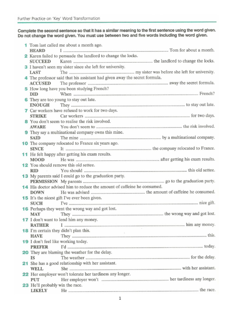 FCE Sentence Transformation | PDF
