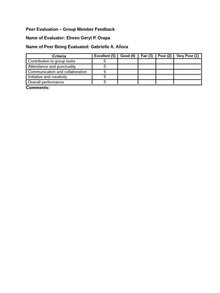 Peer Evaluation Form | PDF