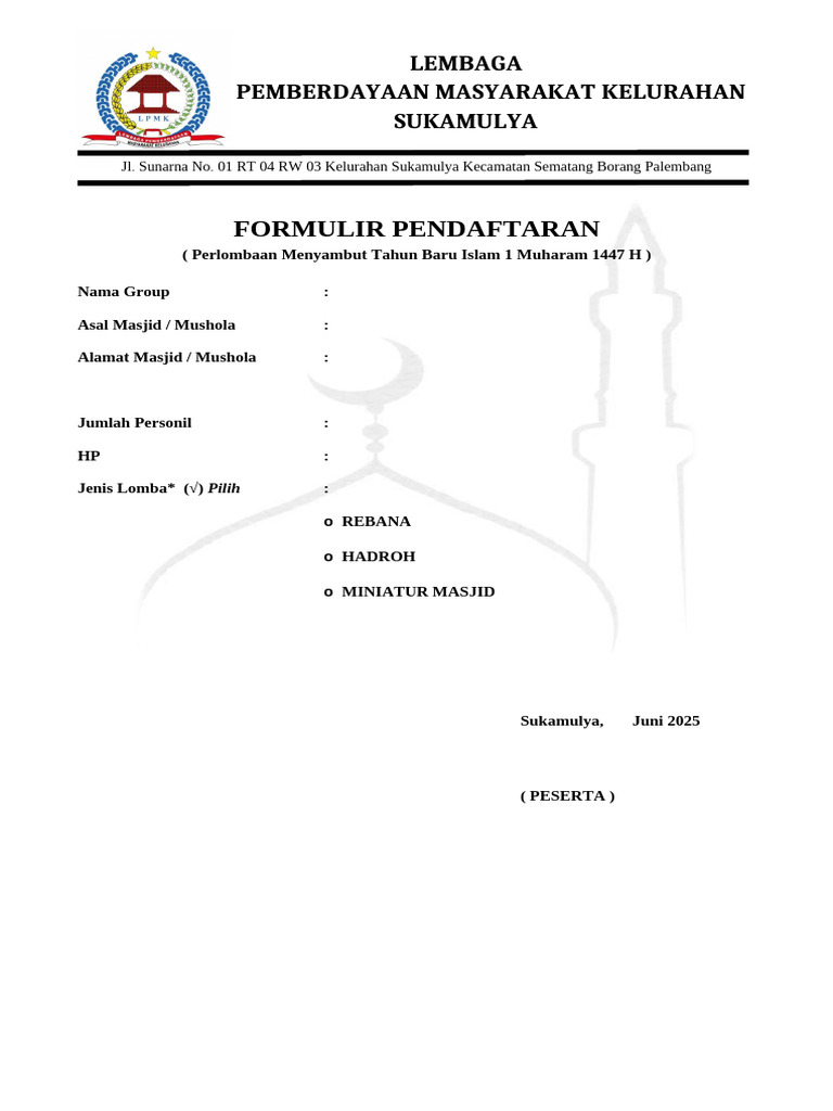 Formulir Pendaftaran Lomba Tahun Baru Islam-2 | PDF