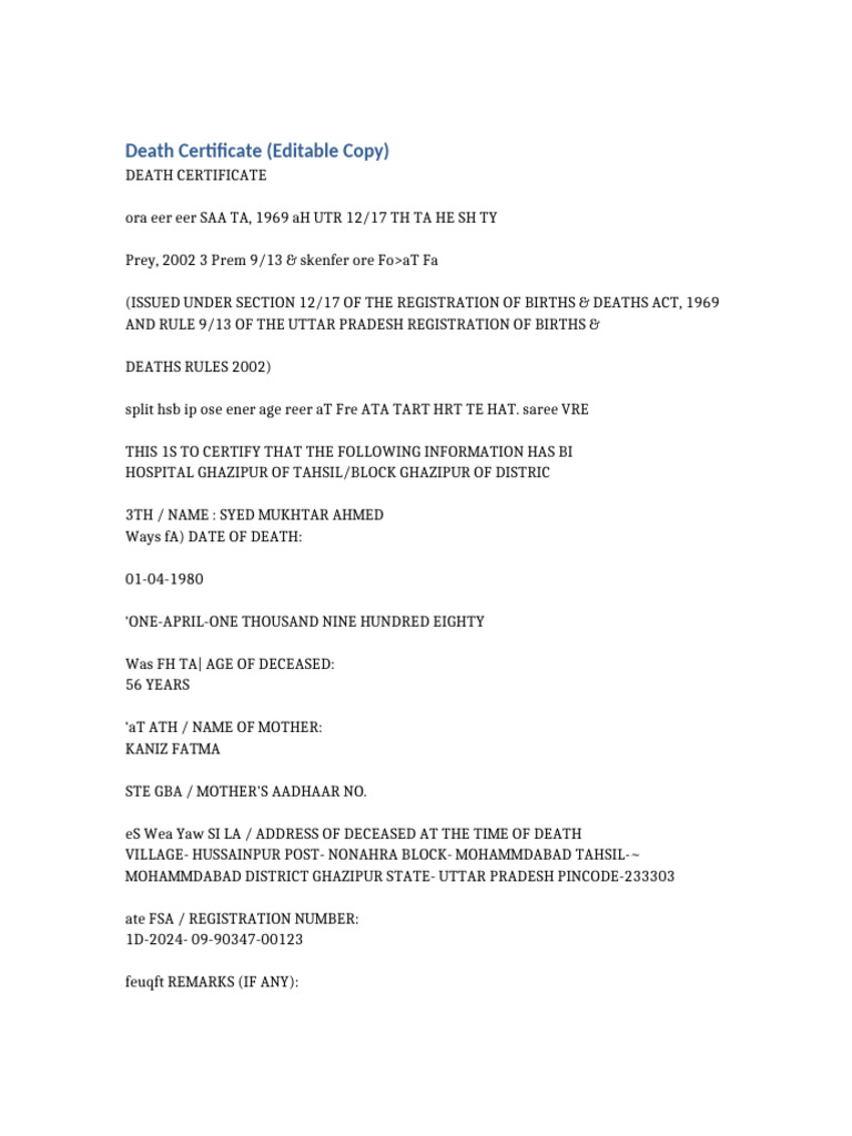 Death Certificate Editable | PDF