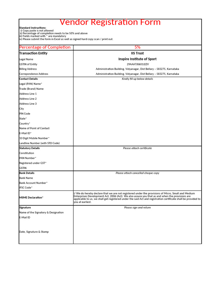 Vendor Registration Form in Excel | PDF