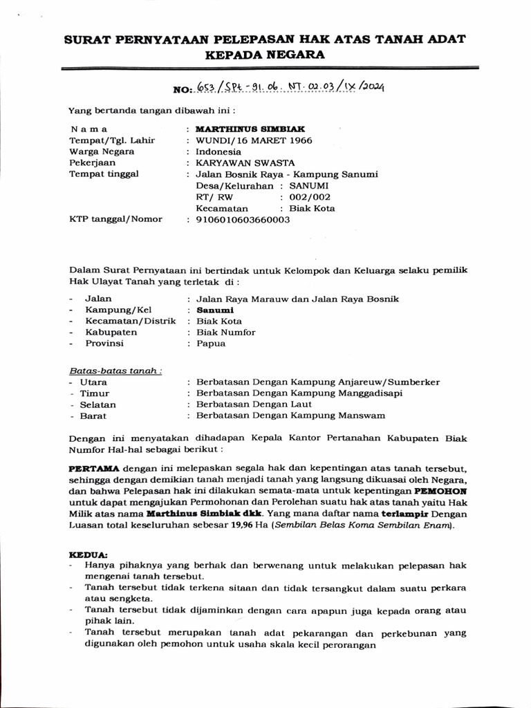 Surat Pernyataan Pelepasan Ke Negara Sanumi | PDF