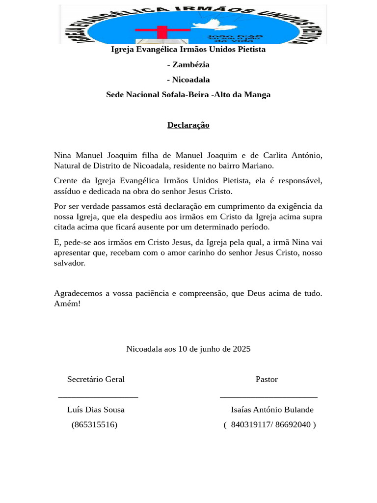 Declaração de Ausência da Igreja Pietista | PDF