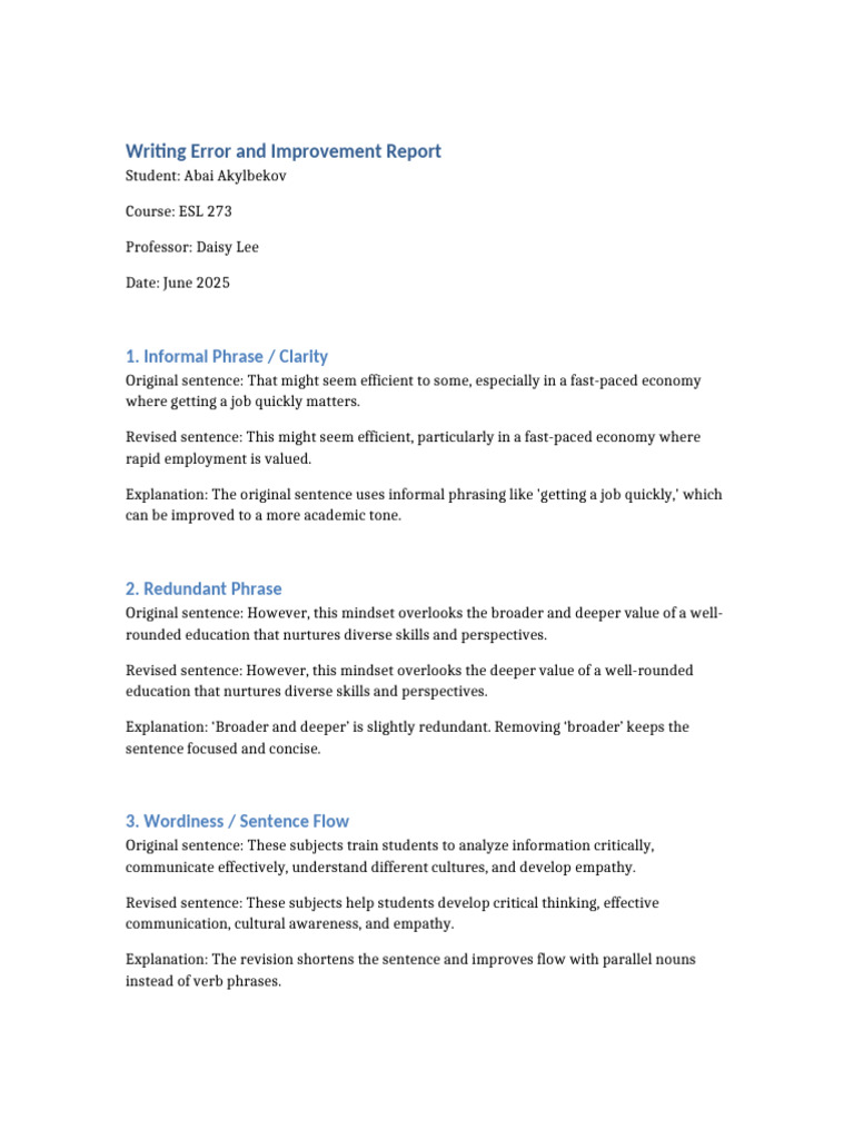 ESL Writing Error Improvement Report | PDF | Sentence (Linguistics ...