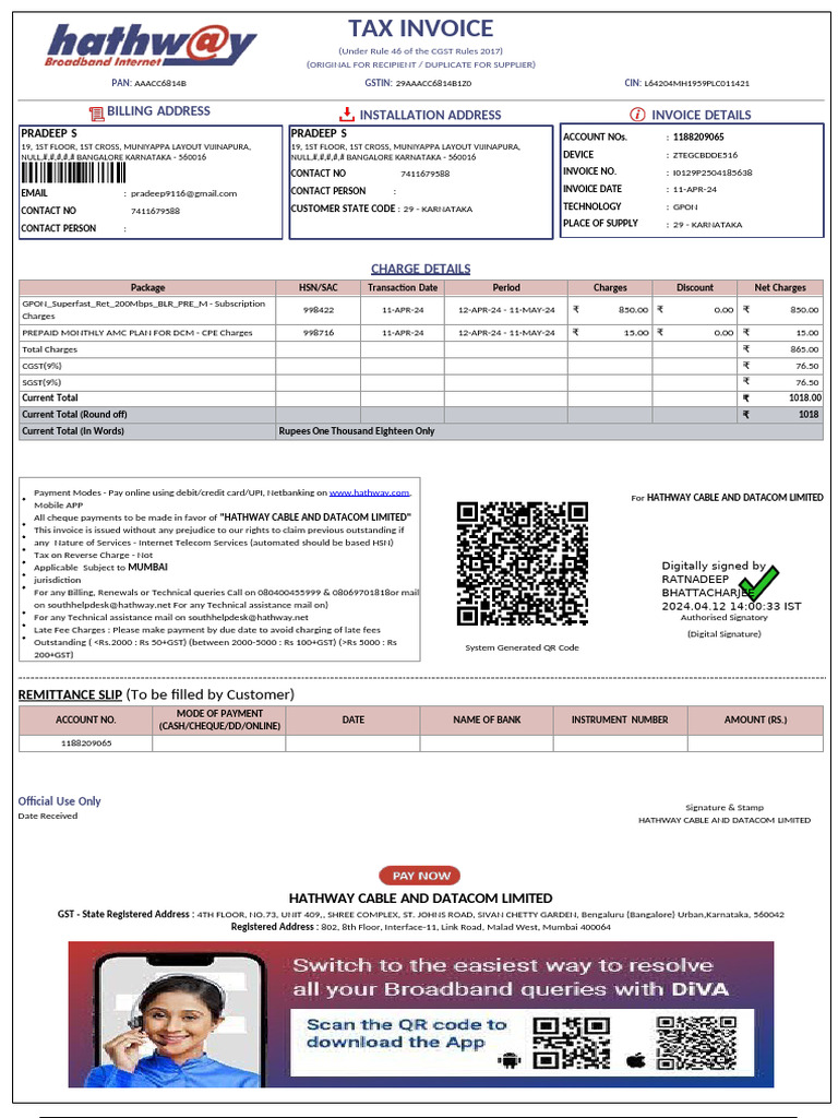 Tax Invoice for Internet Services | PDF | Invoice | Payments