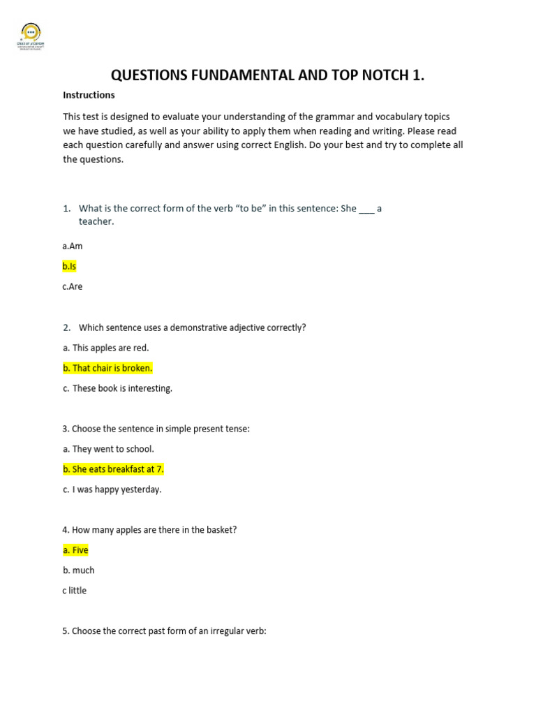 Questions Fundamental and Top Notch 1 | PDF | Verb | Adjective