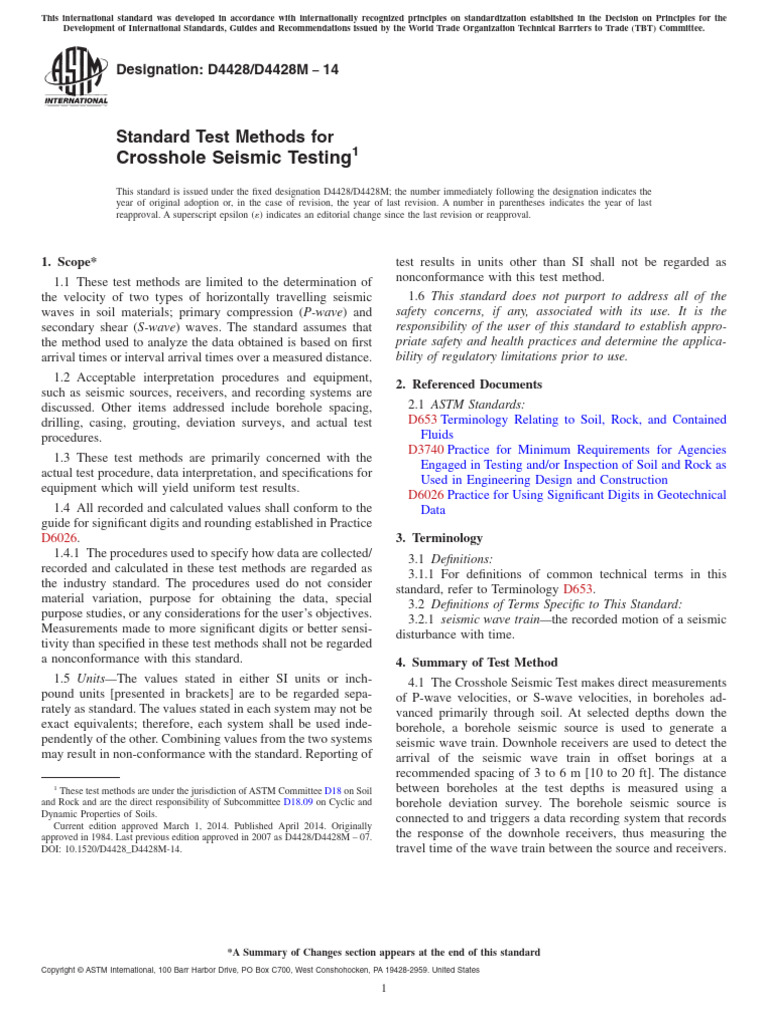 ASTM D4428 Crosshole Seismic Standards | PDF | Seismology | Waves