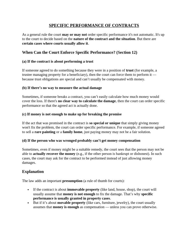 Specific Performance of Contracts Section 12 To 30 | PDF | Specific ...