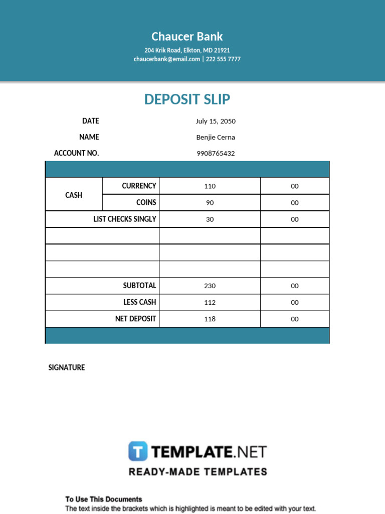 Bank Deposit Slip Template | PDF