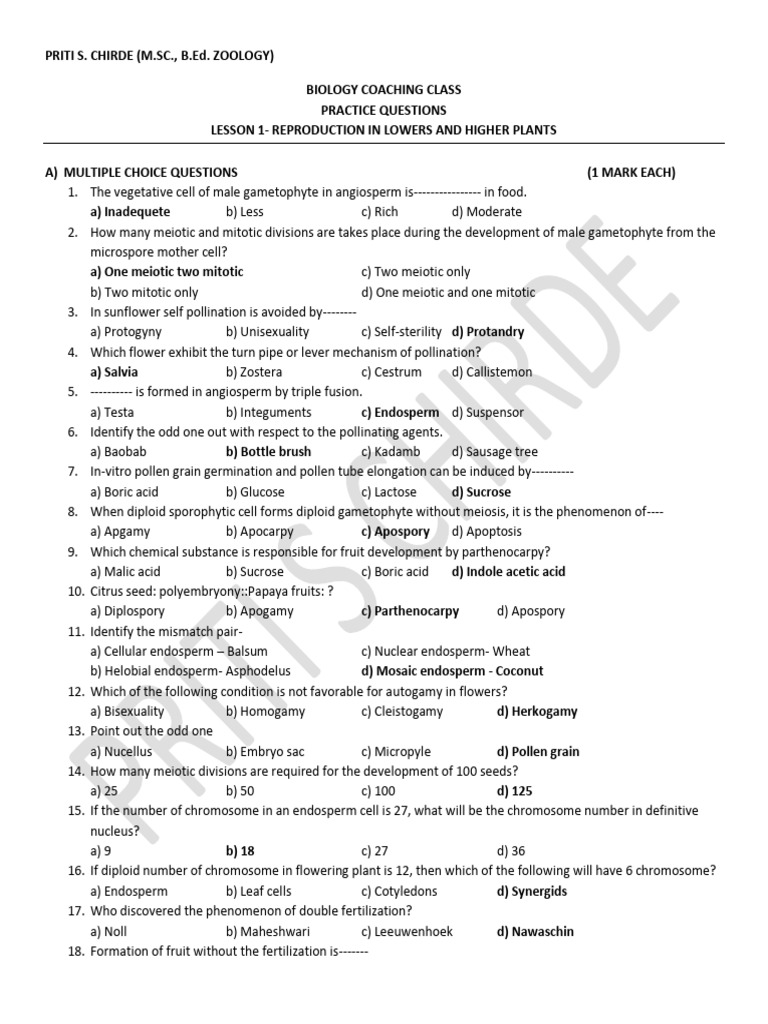 Biology Coaching: Plant Reproduction Quiz | PDF | Seed | Flowers