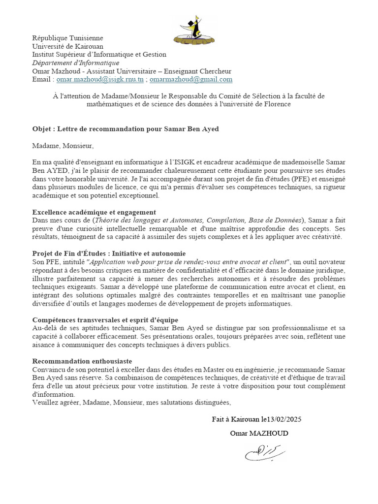 Recommandation pour Samar Ben Ayed | PDF | Informatique | la communication