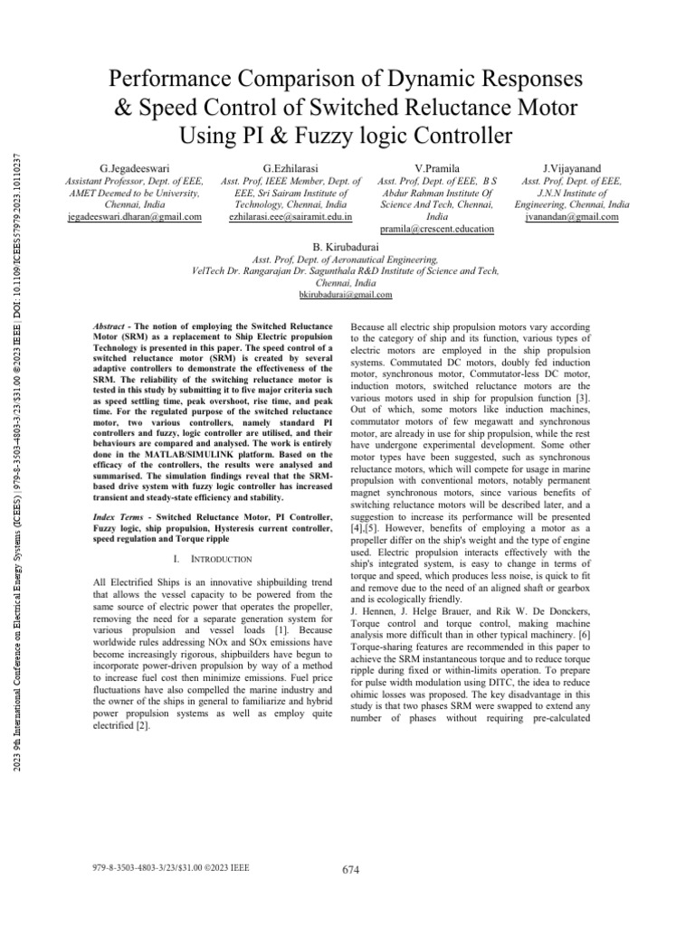 Performance Comparison Of Dynamic Responses Amp Speed Control Of Switched Reluctance Motor Using