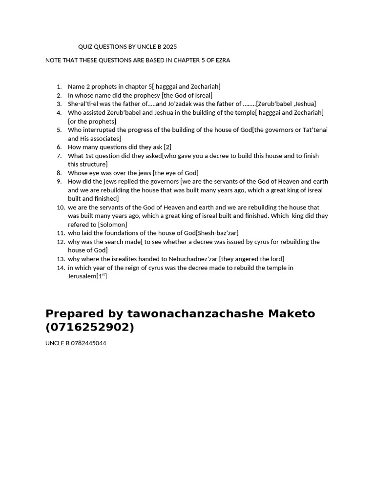 Ezra Chapter 5 Quiz Questions | PDF