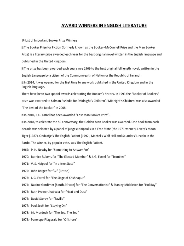 Major English Literary Award Winners | PDF | English Language ...