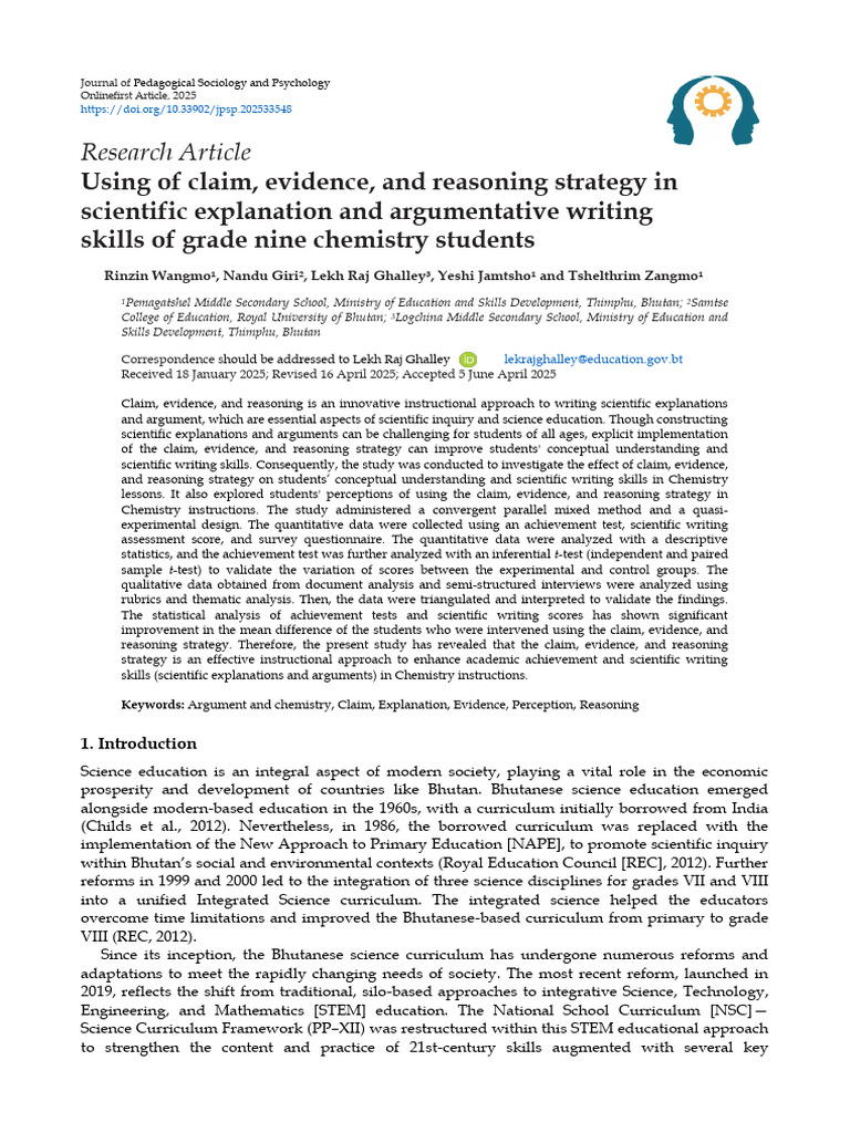 Using of Claim Evidence and Reasoning Strategy in Scientific ...