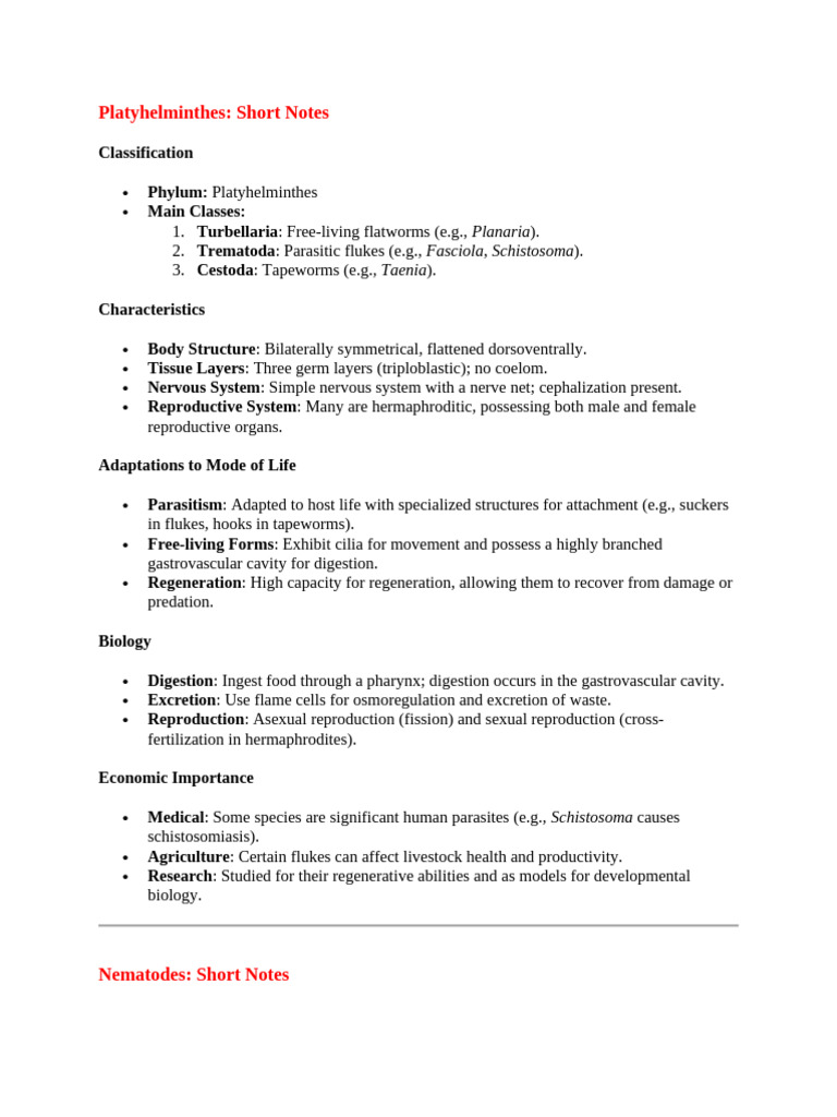 Platyhelminthes and Nematodes Worksheet-2 | PDF | Nematode | Zoology