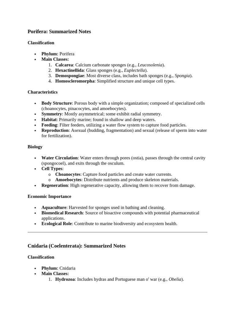 Porifera and Cnidaria Overview Worksheet | PDF | Sponge | Venomous Animals