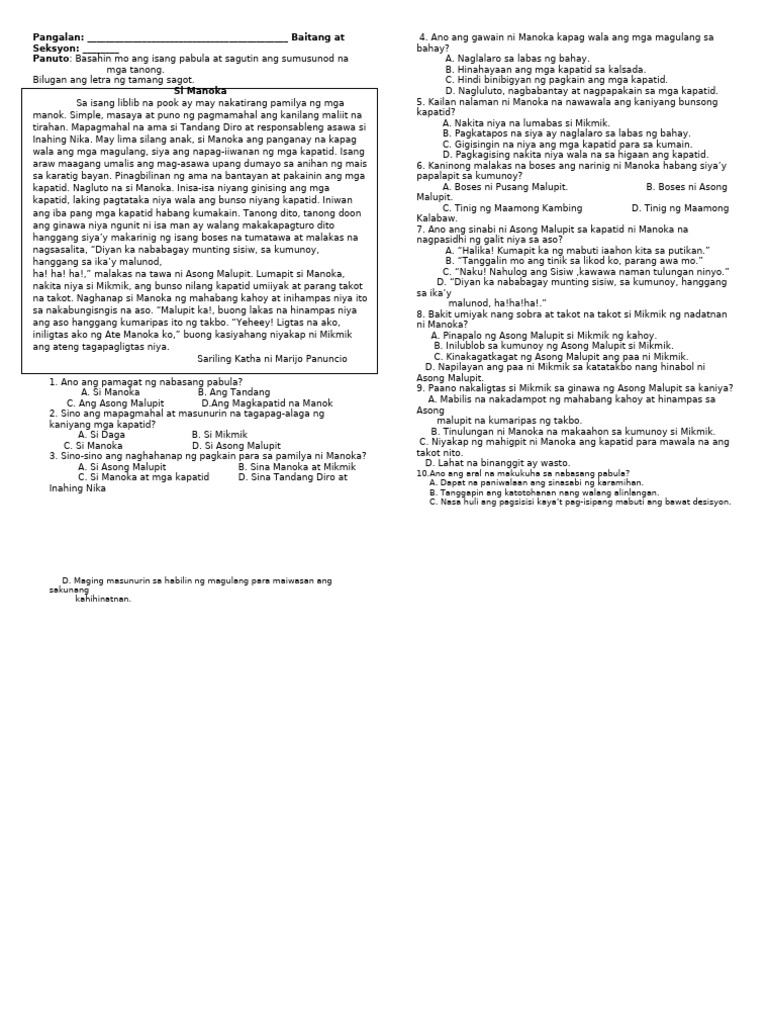 Filipino Pagbasa NG Pabula | PDF