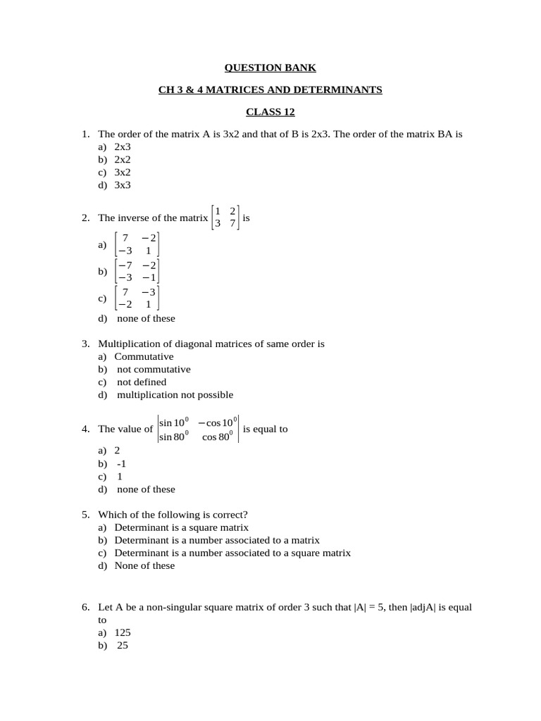 Question Bank - CH 3 & 4 Matrices and Determinants | PDF | Determinant ...