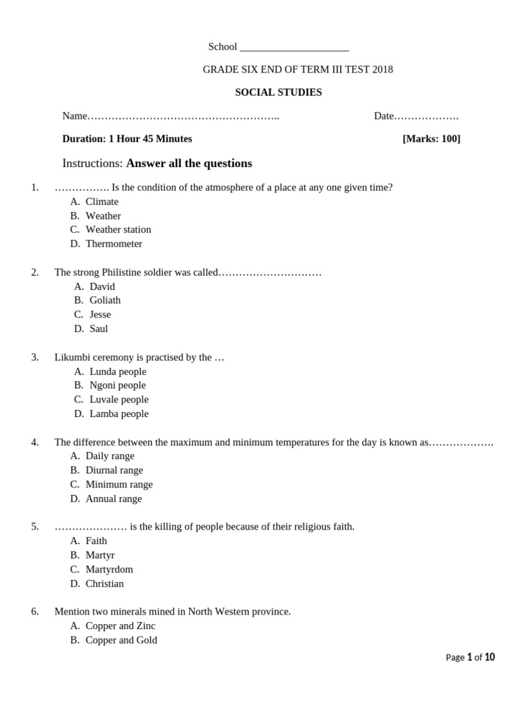 Grade 6 Social Studies Term 3 Test | PDF | Rain | Precipitation