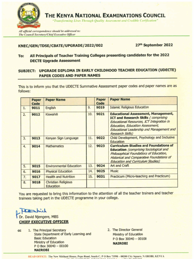 Paper Codes and Names For Upgrade in Diploma in Early Childhood Teacher Education UDECTE | PDF