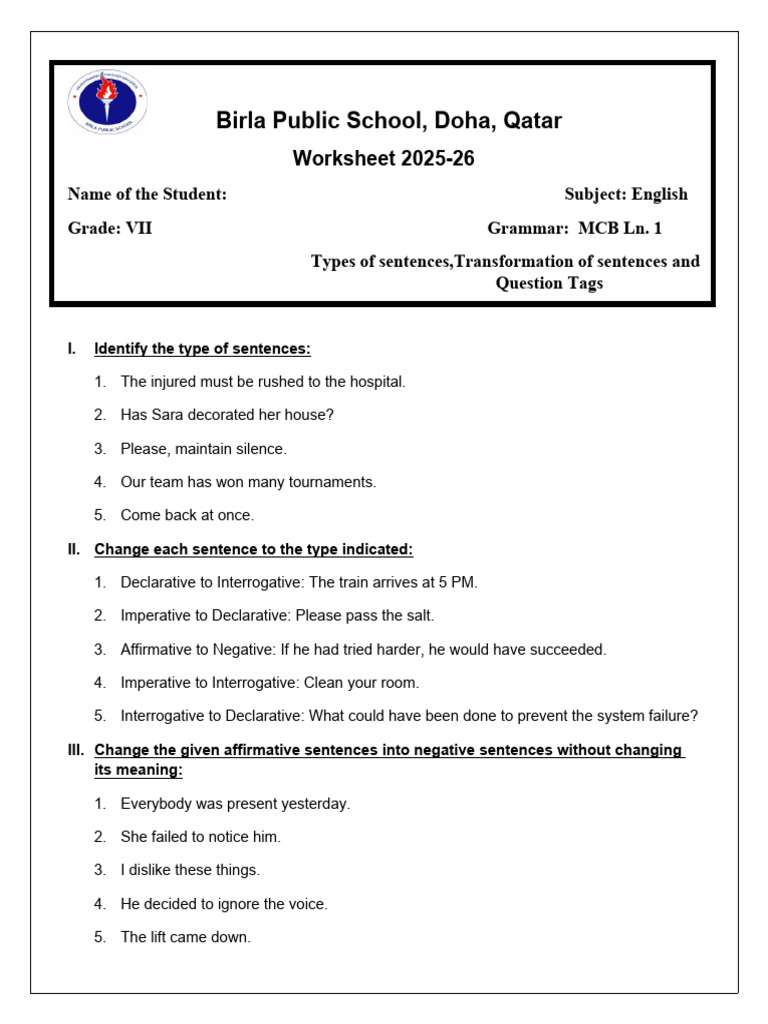 English Grammar Worksheet for Grade VII | PDF | Question | Linguistics