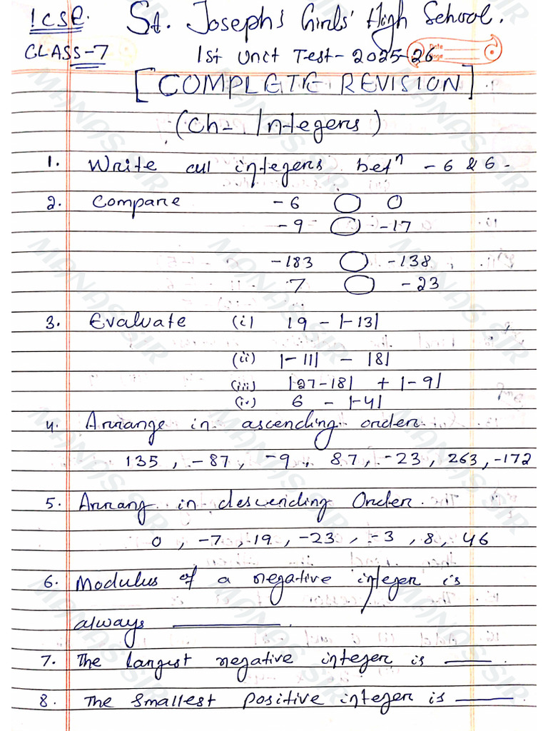 Class 7 Icse Integer Complete Revision 2025 | PDF