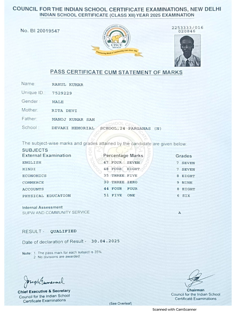 12th Marksheet | PDF