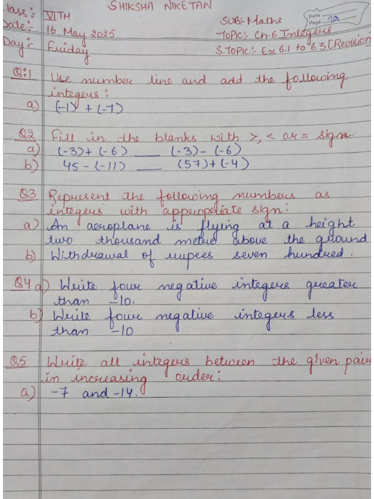 Class 6topic Integers | PDF