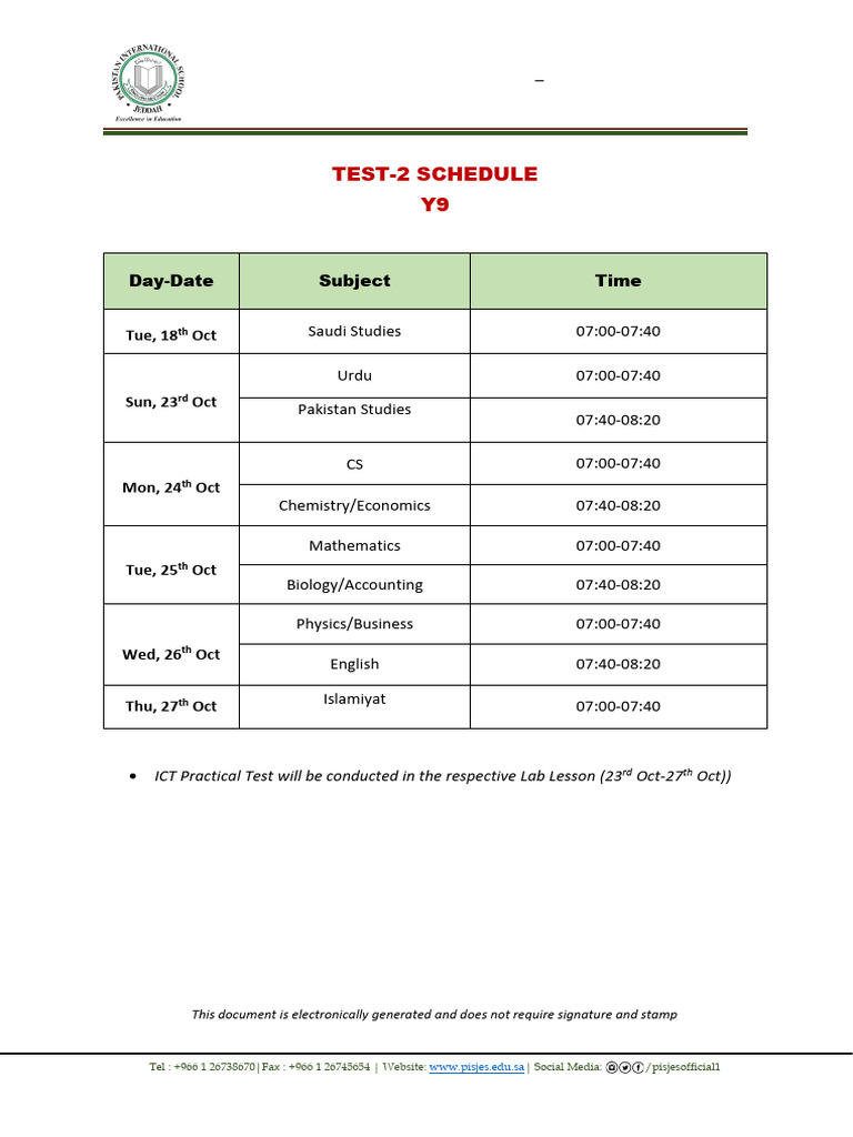 Y9 Test 2 Schedule 2022-23 | PDF