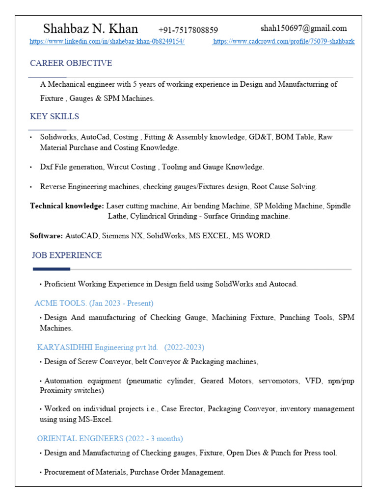 Shahebaz Khan Design Engineer Role CV | PDF | Engineering | Mechanical ...