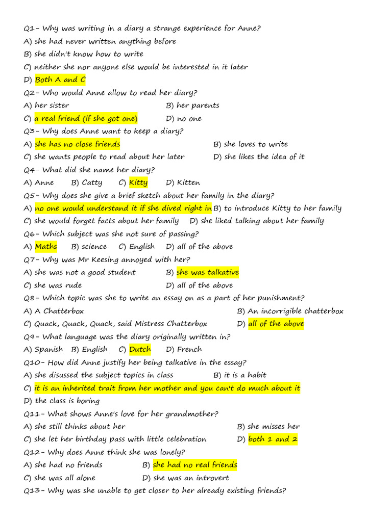 Assignment MCQs Anne Frank Answer Key | PDF