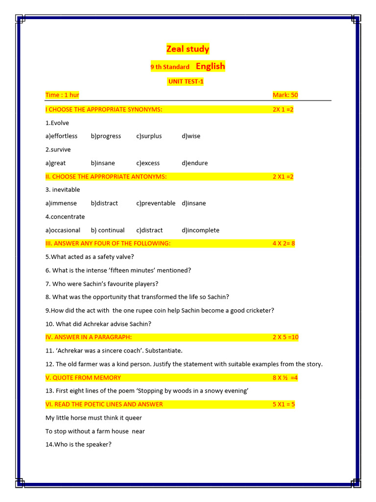 3446 Zeal Study 9TH UNIT TEST-1 - New | PDF