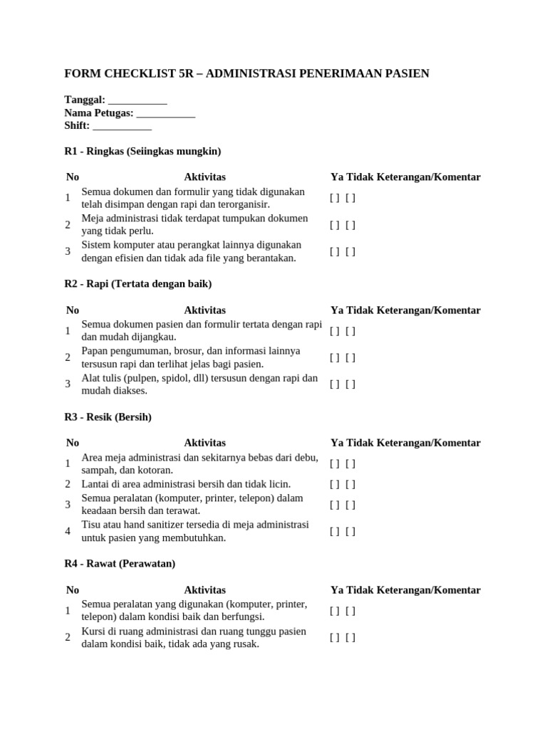 Contoh FORM CHECKLIST 5R Area Penerimaan Pasien | PDF