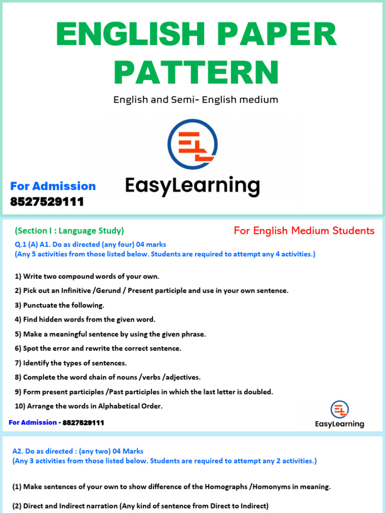 English Papaer Pattern 2025-26 | PDF | Verb | English Language