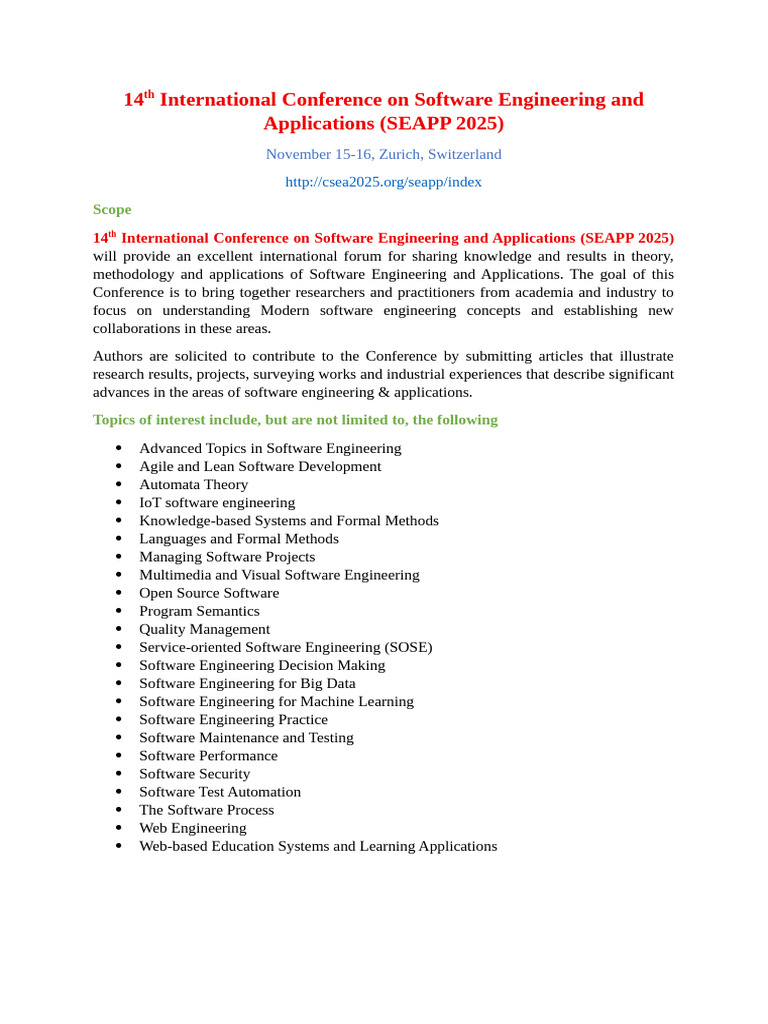 Call For Papers - 14th International Conference On Software Engineering ...