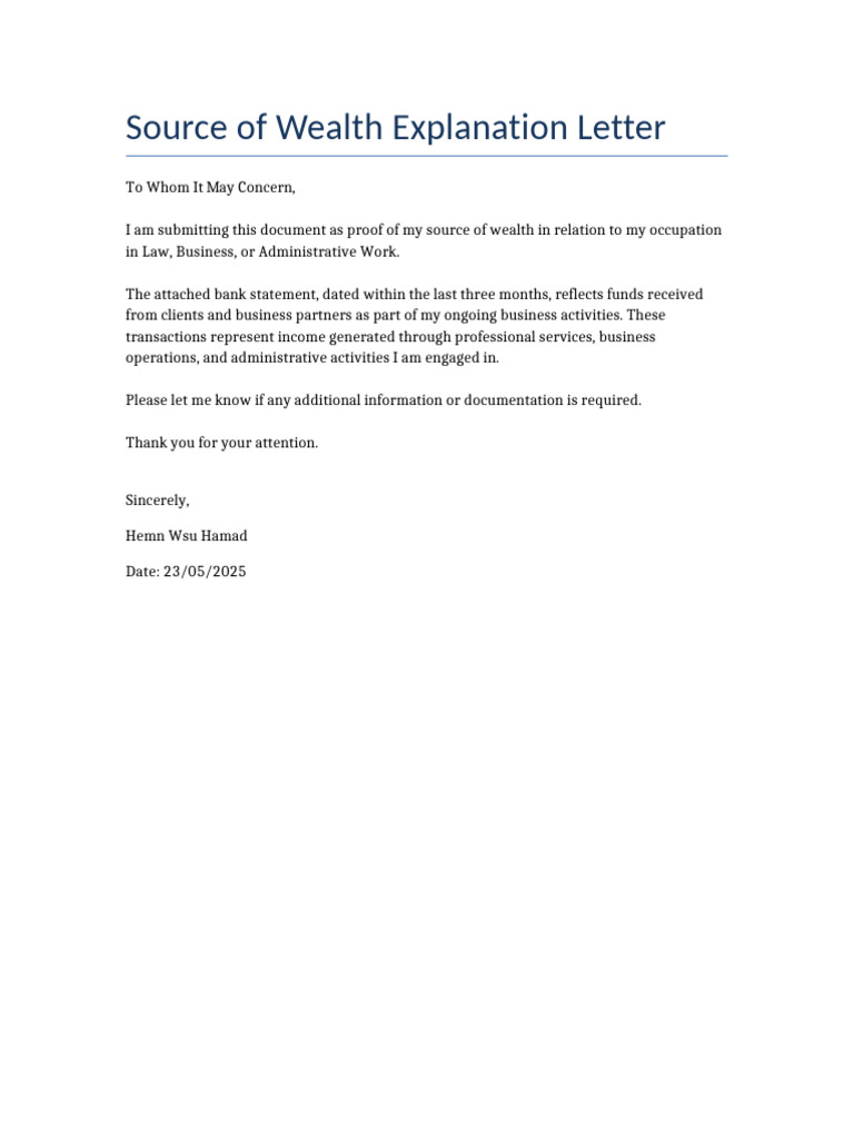 Source of Wealth Letter Hemn Wsu Hamad | PDF